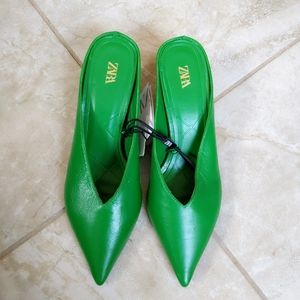 Zara | Shoes | Rare Hp Zara Kelly Kermit Green Leather Pointy Toe Mules ...